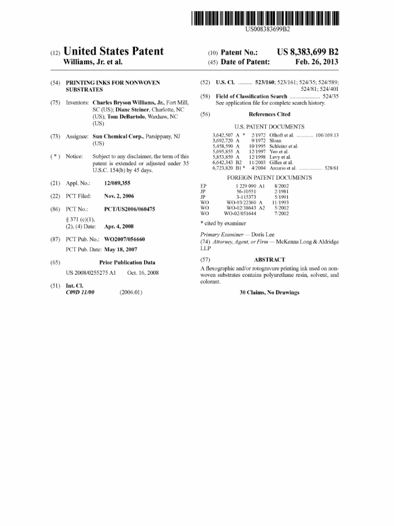 US8383699 Ink Formulation Patent | PDF | Wax | Polyurethane