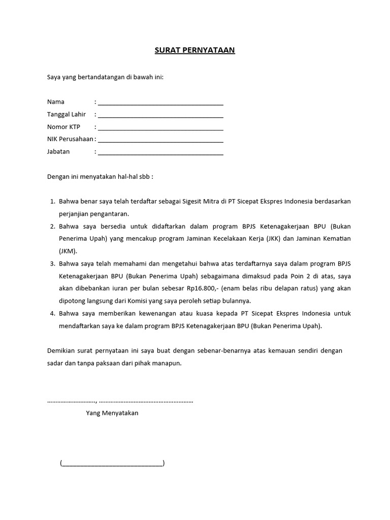 Template Surat Pernyataan BPJS TK BPU | PDF