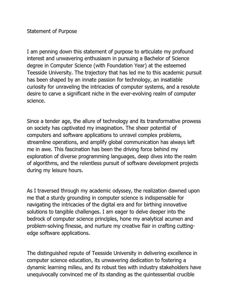 Statement of Purpose - BSC Computer Science | PDF | Computer Science | Computing