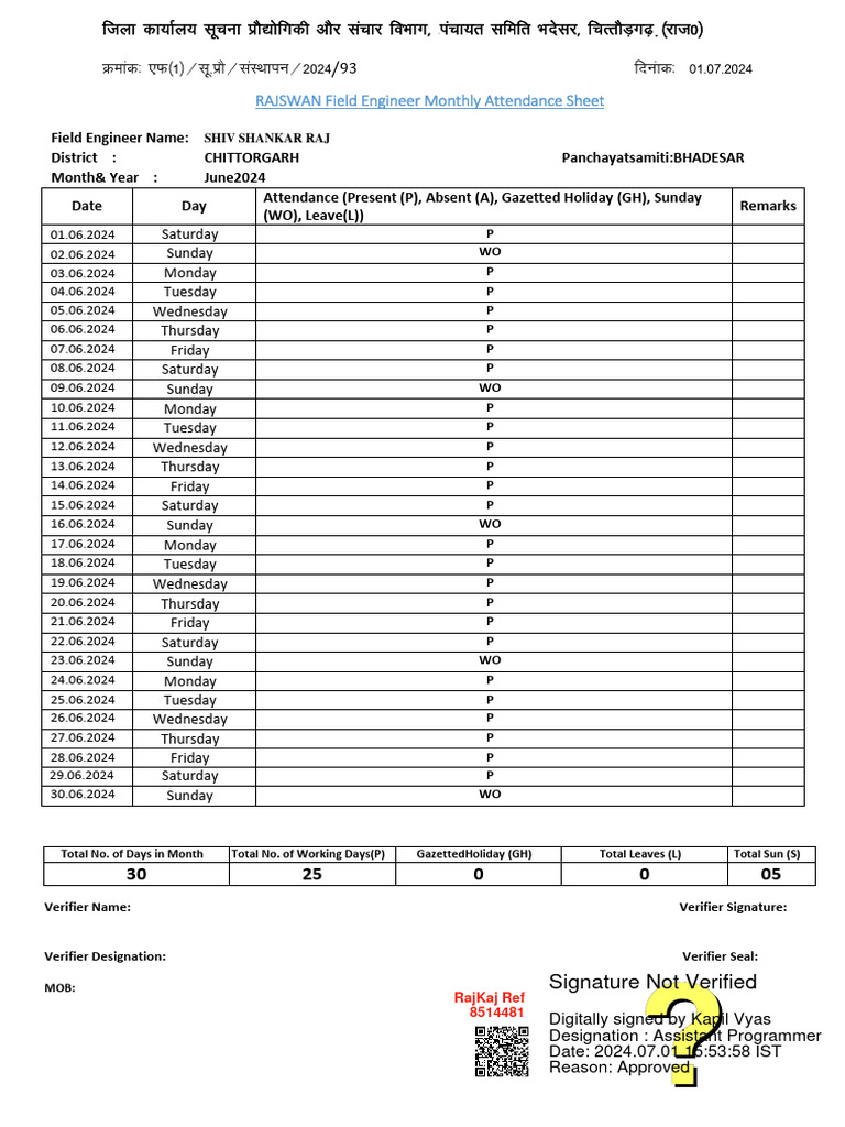 RajSWAN FE Attendance JUNE 24 | PDF