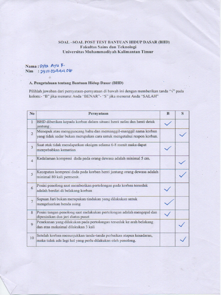 Hasil Post Test BHD Dan Chocking Kelompok 1 | PDF