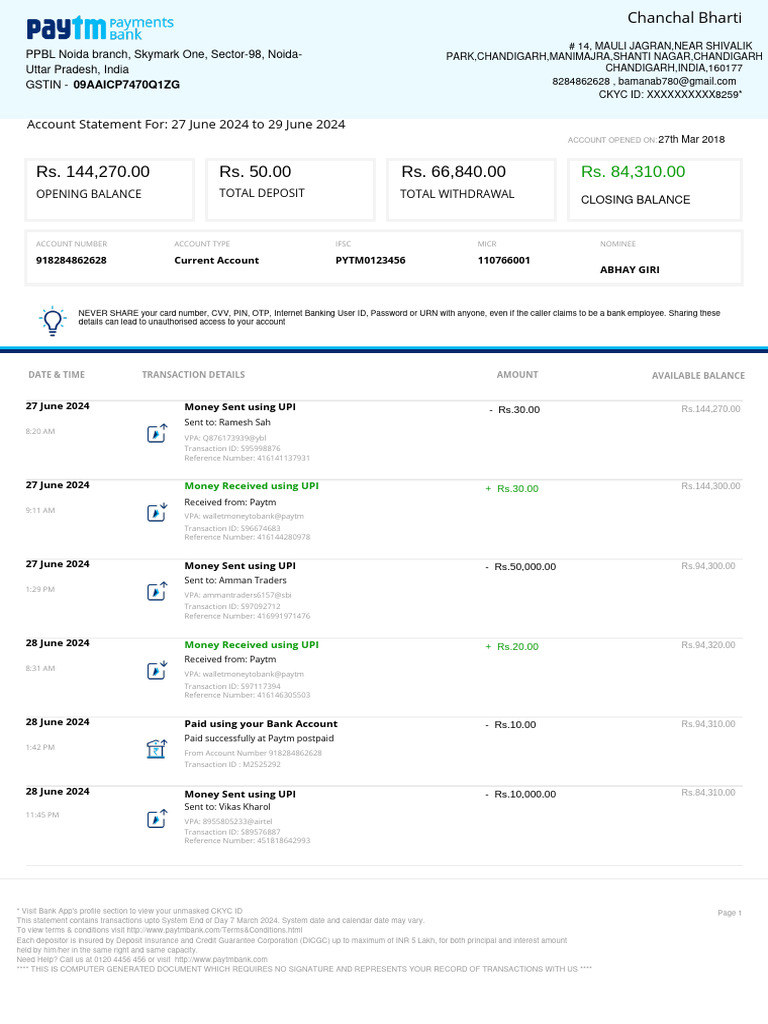 Account Statement for Paytm Users | PDF | Money | Service Industries