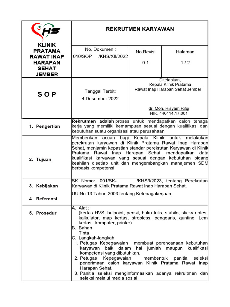 Sop Rekrutmen Karyawan | PDF