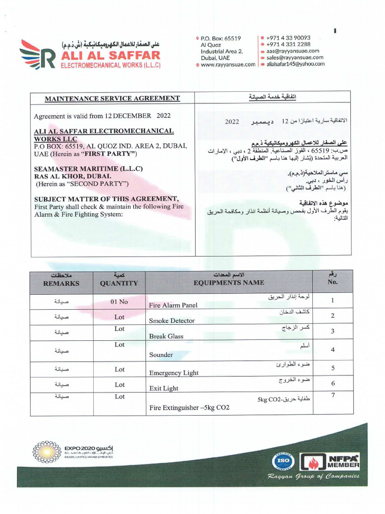 Ali Al Saffar Contract For Fire | PDF