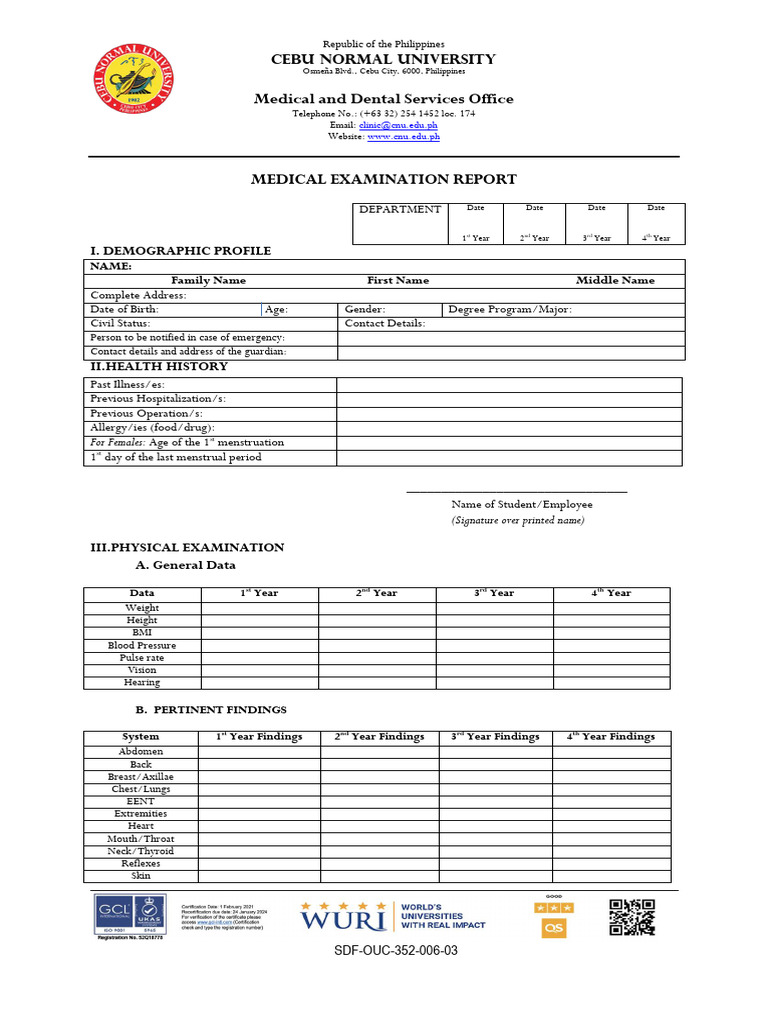 SDF OUC 352 006 03 Medical Examination Report | PDF | Physical ...