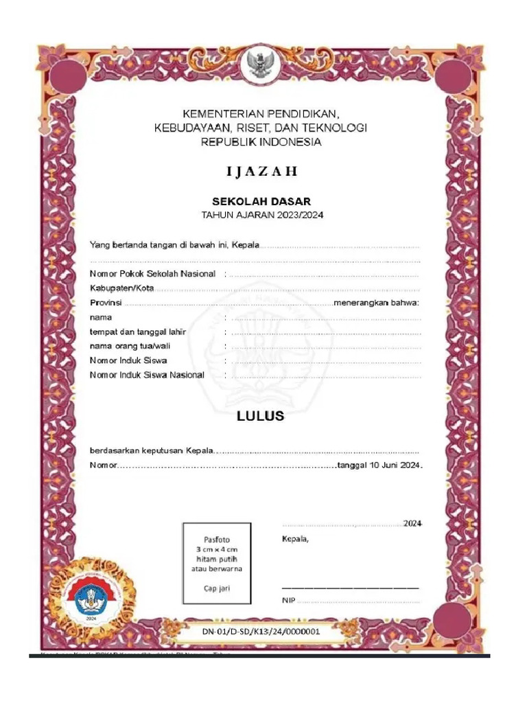 Contoh Blanko Ijazah | PDF