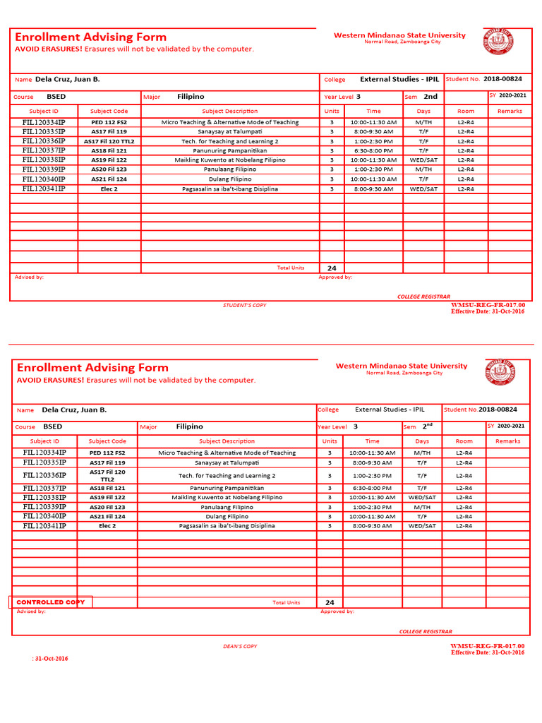Sample Enrollment Form Entries | PDF