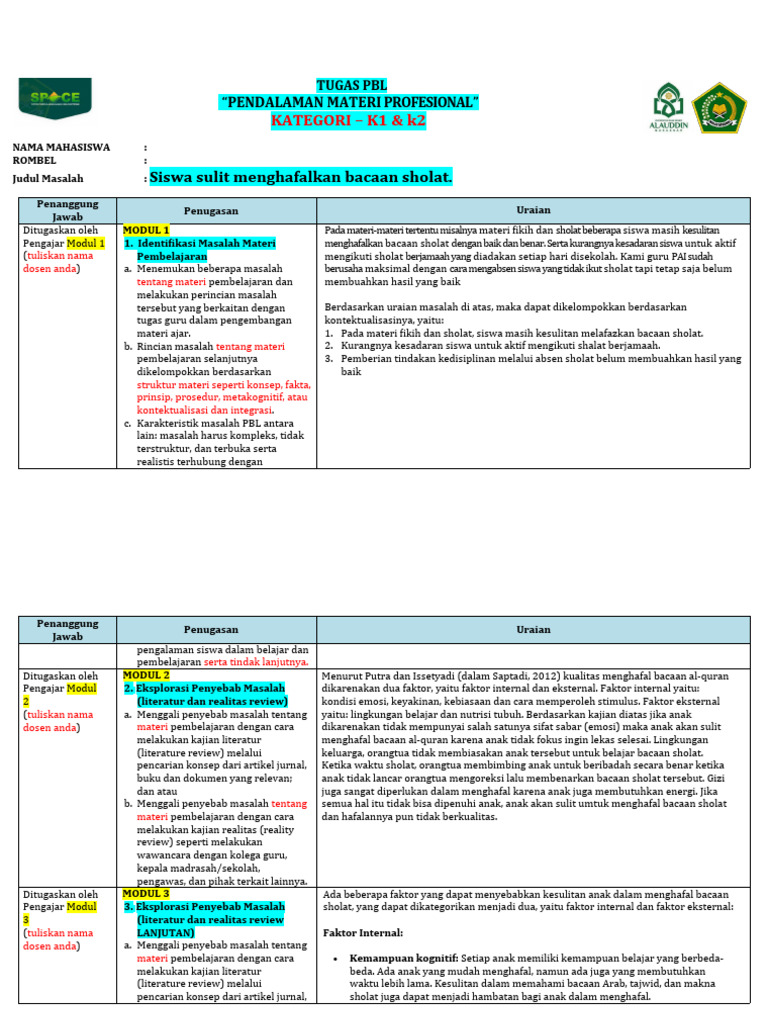 Contoh Isian Tugas PBL (K1 & K2) DGN Uraian | PDF | Karier & Perkembangan
