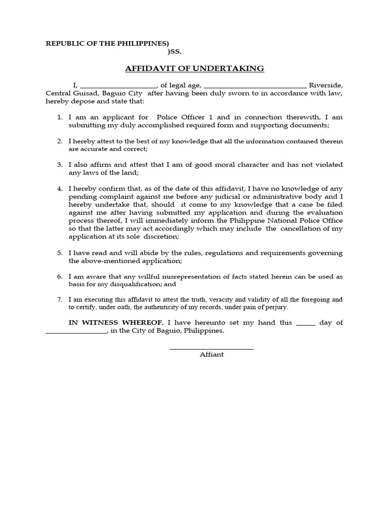 Affidavit of Undertaking for PNP Applicants | PDF