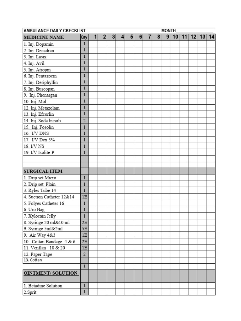 Ambulance Daily Checklist 1 | PDF | Medical Equipment