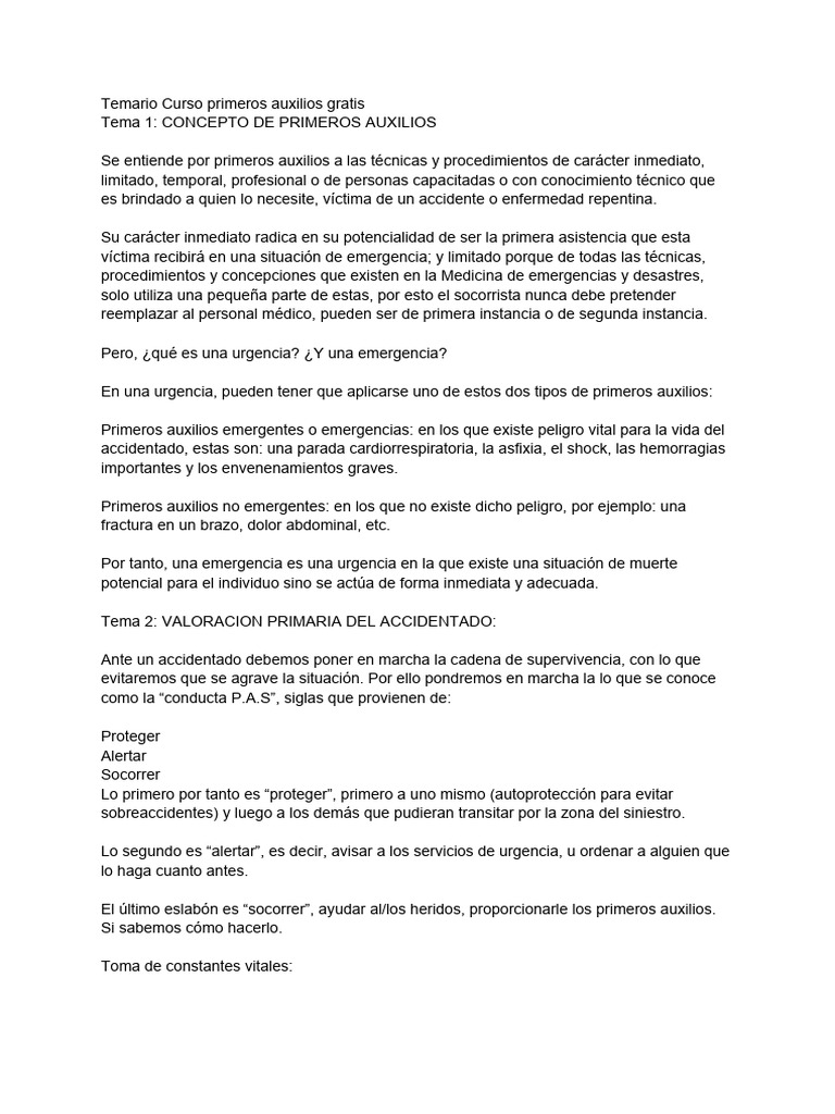 TEMARIO - Curso primeros auxilios gratis | PDF | Reanimación cardiopulmonar | Primeros auxilios