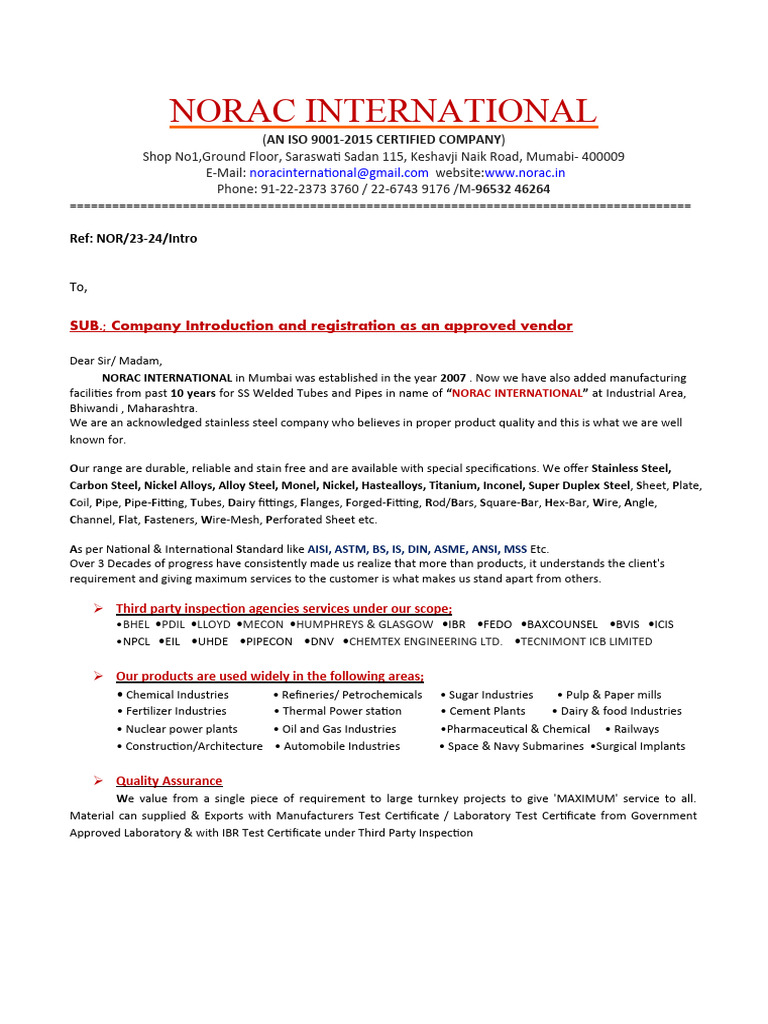 Norac Introduction Letter | PDF | Pipe (Fluid Conveyance) | Mechanical ...