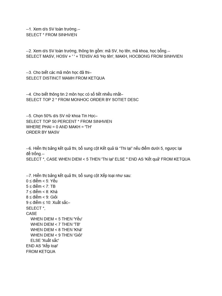 Truy Van SQL QLSINHVIEN | PDF