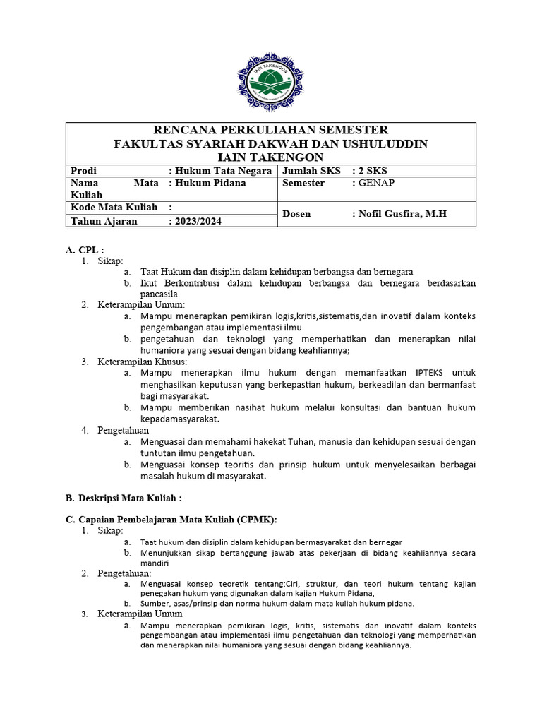 Template RPS Hukum Pidana | PDF