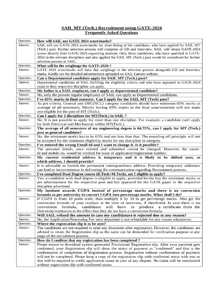 Frequently Asked Questions (FAQ) - Recruitment of MT (Tech.) Using GATE ...