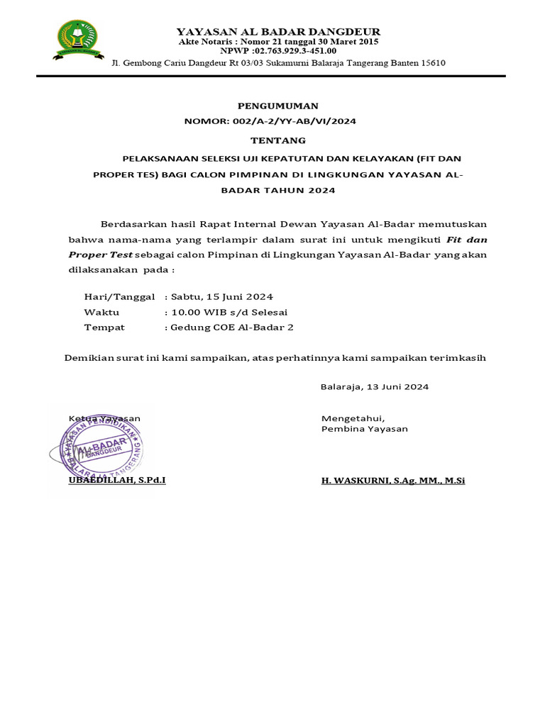 Surat Undangan Fit & Proper Test 3 | PDF