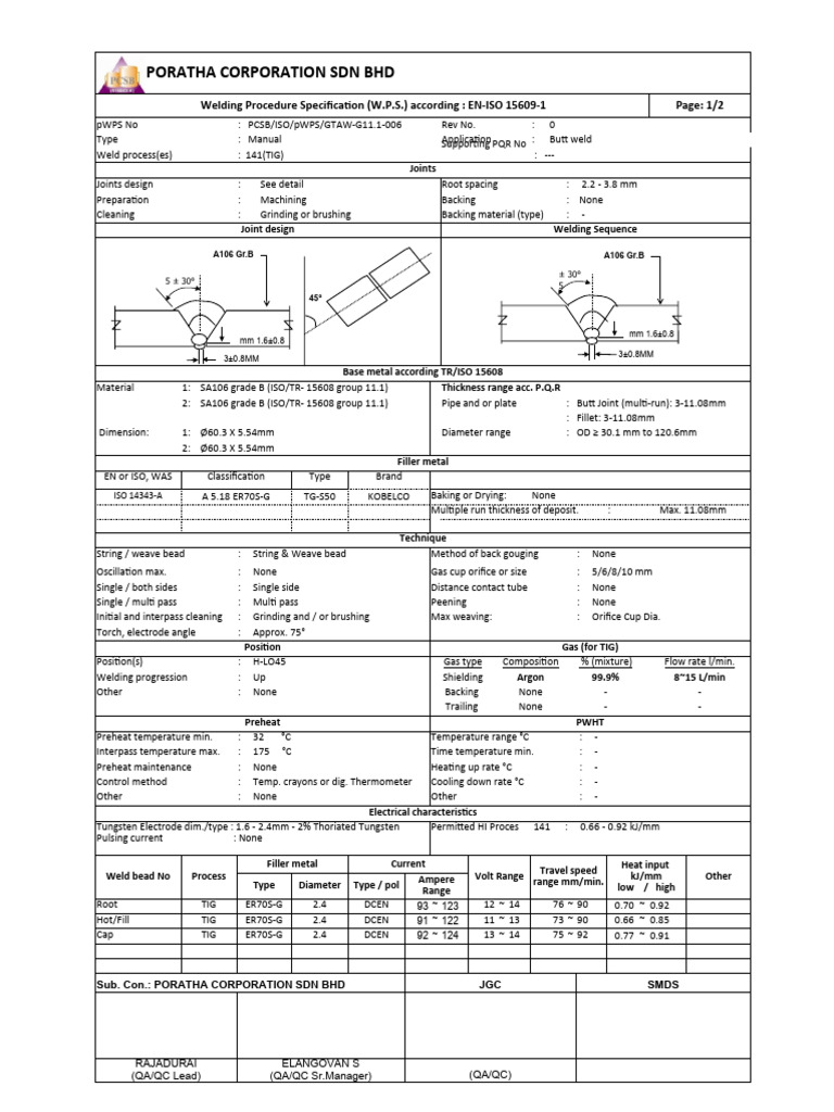 6.PCSB-ISO-pWPS-GTAW-G11.1-006 Pipe Butt Weld | PDF | Mechanical Engineering | Industrial Processes