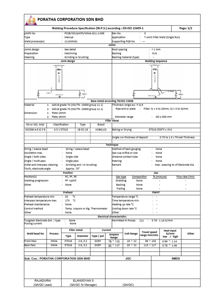 8.PCSB-ISO-pWPS-MMA-G11.1-008 CS Fillet Single Pass | PDF | Welding ...