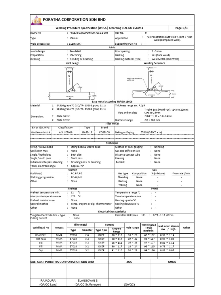 Welding Procedure Specification WPS EN-ISO 15609-1 | PDF | Welding ...