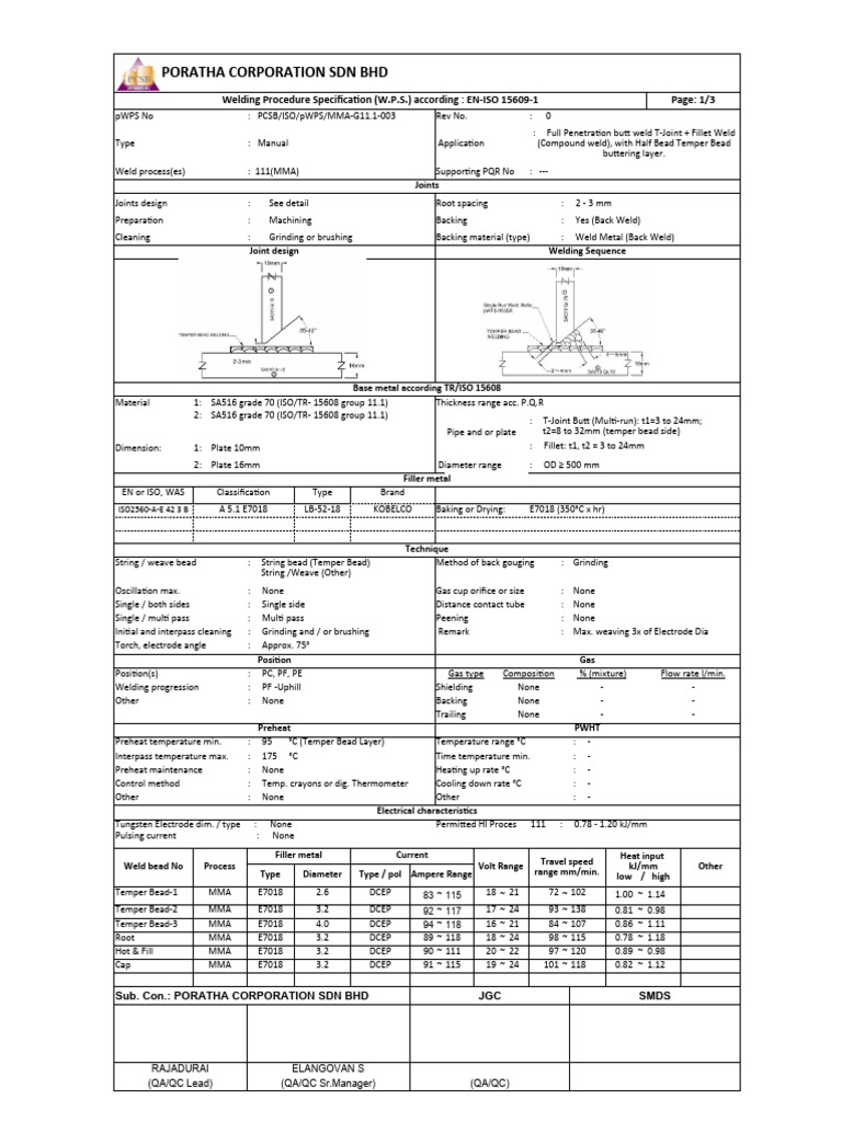 3.PCSB-ISO-pWPS-MMA-G11.1-003 WTB Fillet Weld | PDF | Welding | Construction