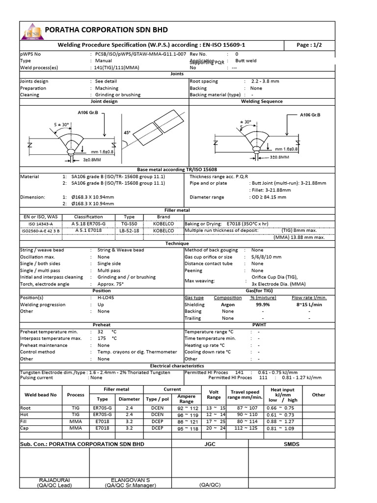 7.PCSB-ISO-pWPS-GTAW-MMA-G11.1-007 Pipe Butt Weld | PDF | Electric Heating | Joining