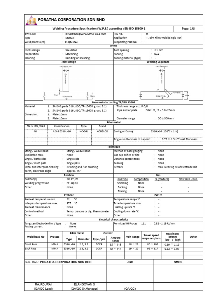 9.PCSB-ISO-pWPS-MMA-G8.1-009 SS Fillet Single Pass | PDF | Welding | Construction