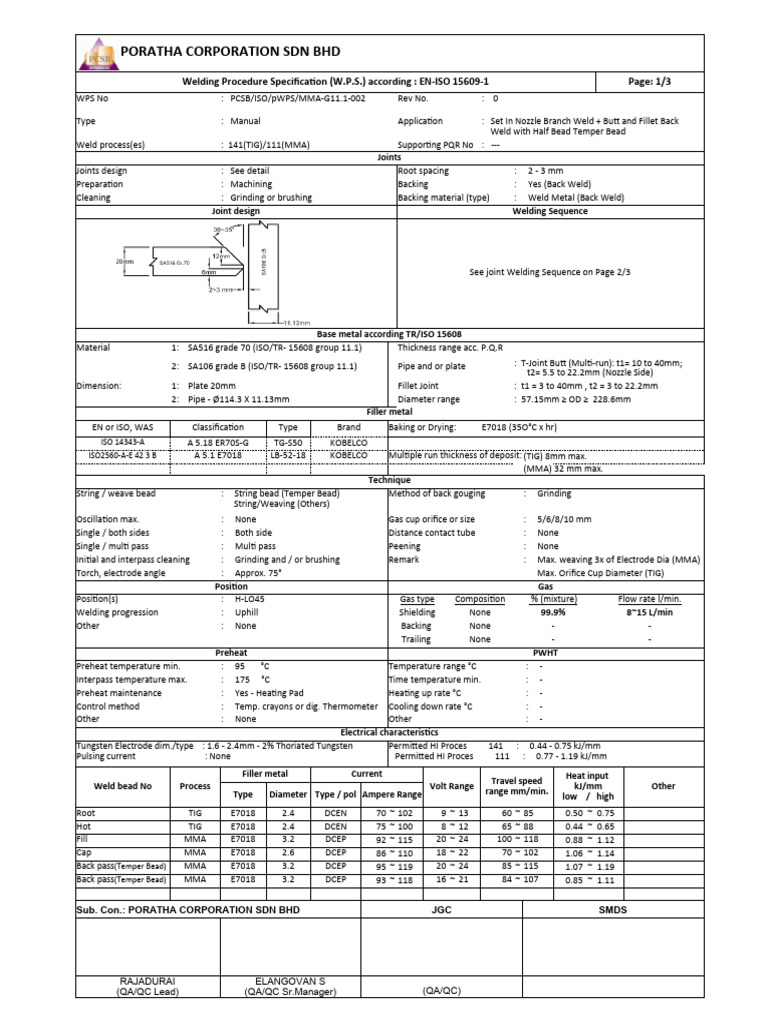 R2.PCSB-ISO-pWPS-MMA-G11.1-002 WTB Butt Weld | PDF | Joining | Steel