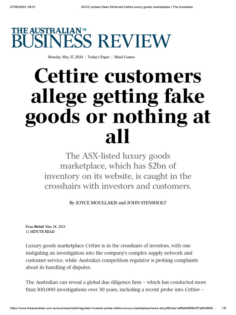 ACCC Probes Dean Mintz-Led Cettire Luxury Goods Marketplace - The ...