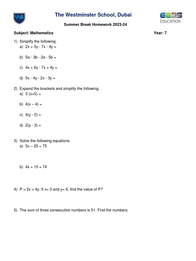 Year 7 Math Summer Homework 2023-24 | PDF | Area | Rectangle