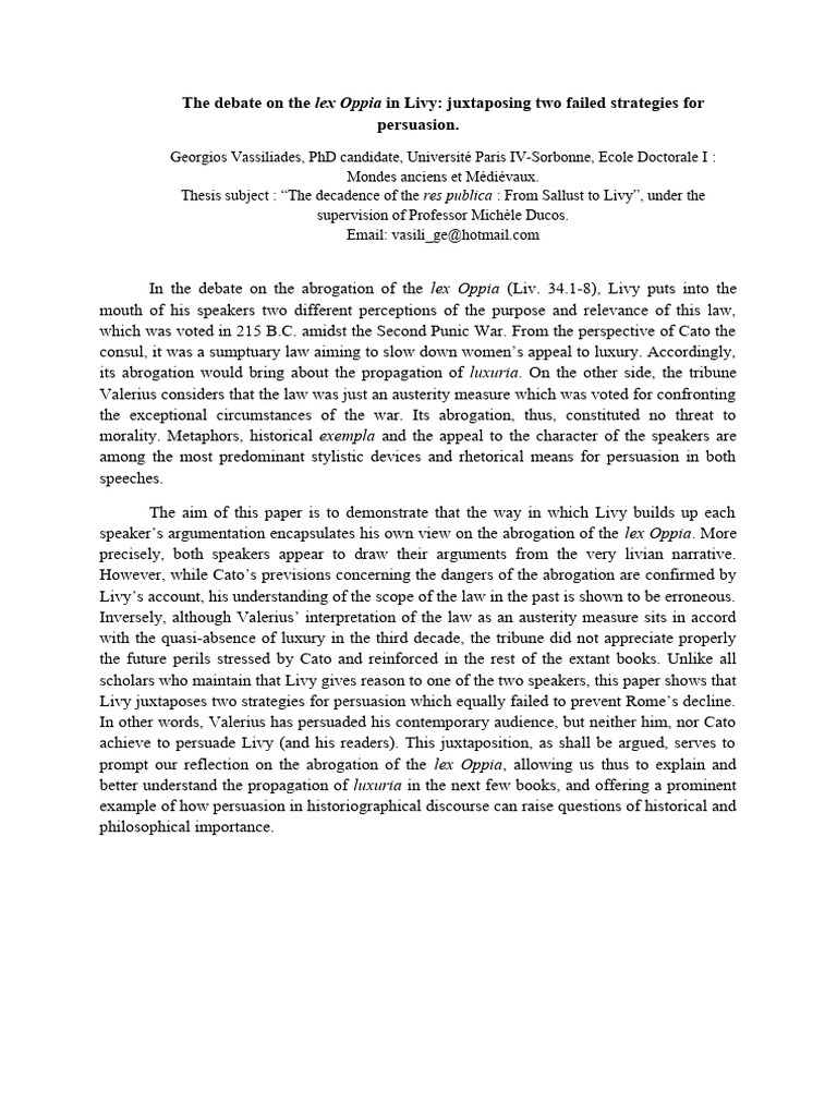 The Debate On The Lex Oppia in Livy Juxt | PDF | Persuasion
