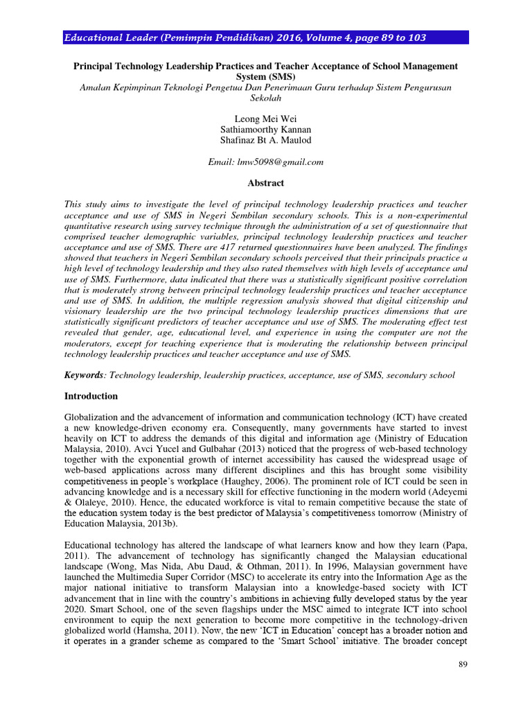 Principal Technology Leadership Practices and Teacher Acceptance | PDF | Statistics ...