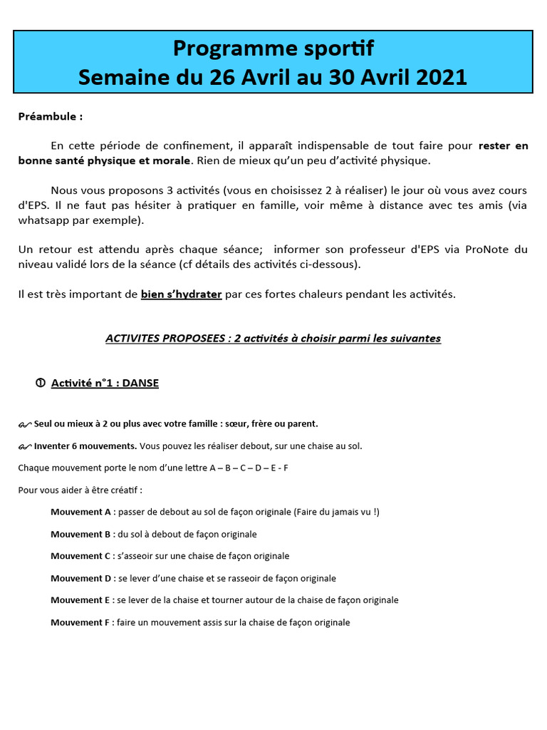 Programme Sportif Semaine du 26 Avril 2021 | PDF | Évolution de ...