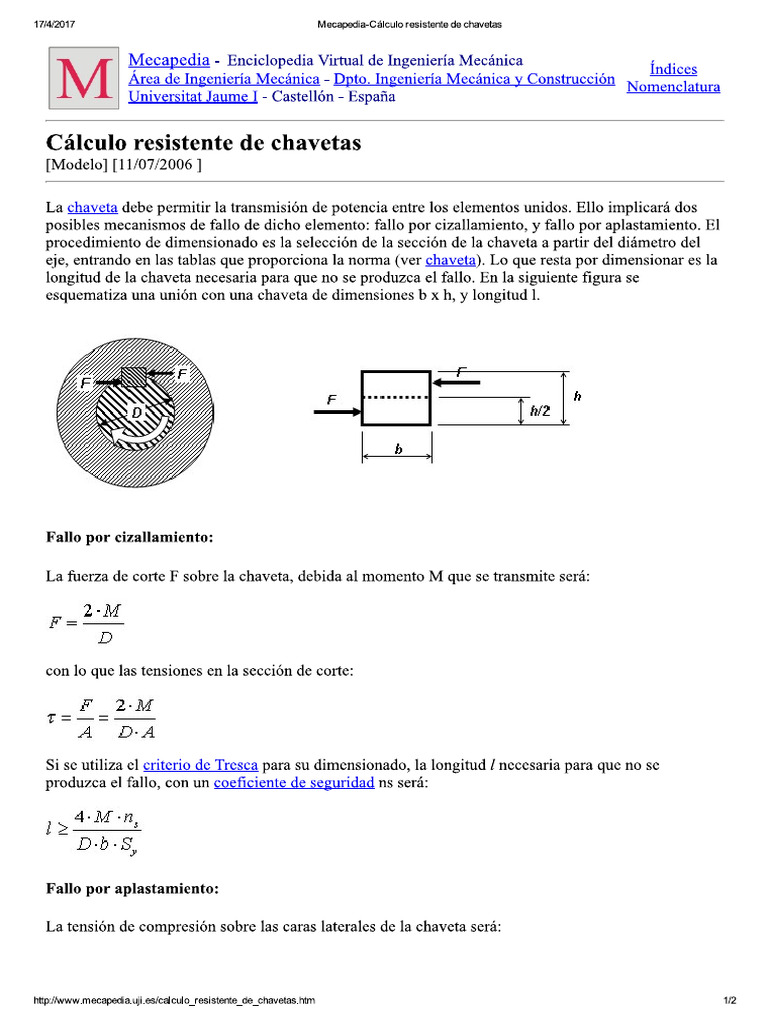 Mecapedia-Cálculo Resistente de Chavetas | PDF