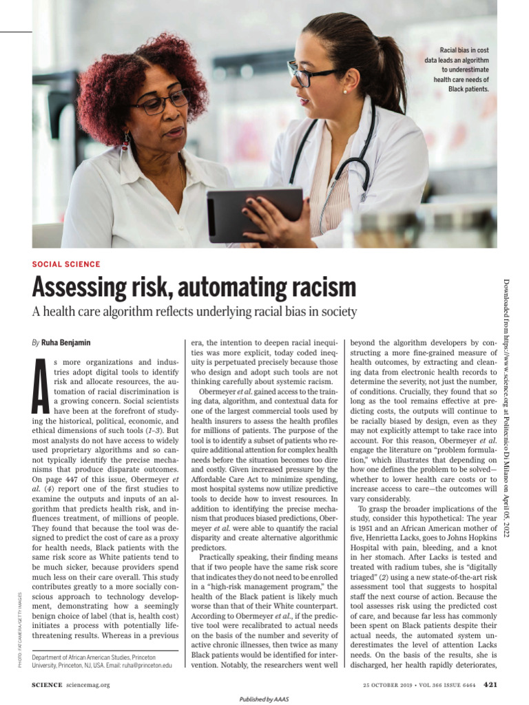 Benjamin 2019 Assessing Risk, Automating Racism | PDF | Risk | Racism
