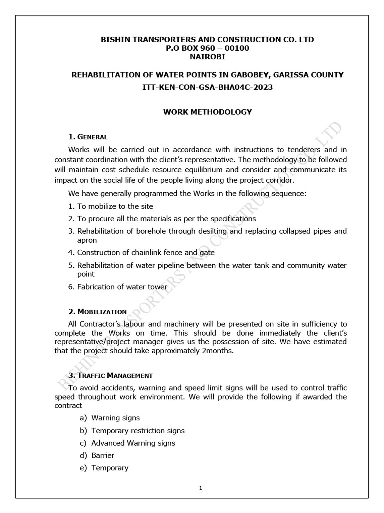 METHOD STATEMENT FOR PROPOSED REHABILITATION OF WATER POINTS IN GABOBEY, GARISSA- BISHIN | PDF ...