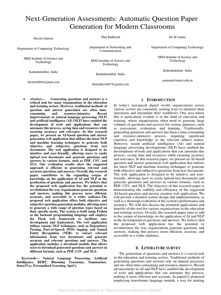 Next-Generation Assessments: Automatic Question Paper Generation For ...