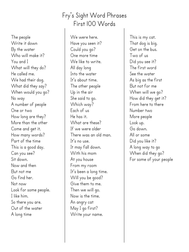 Frys 100 Sight Word Phrases | PDF