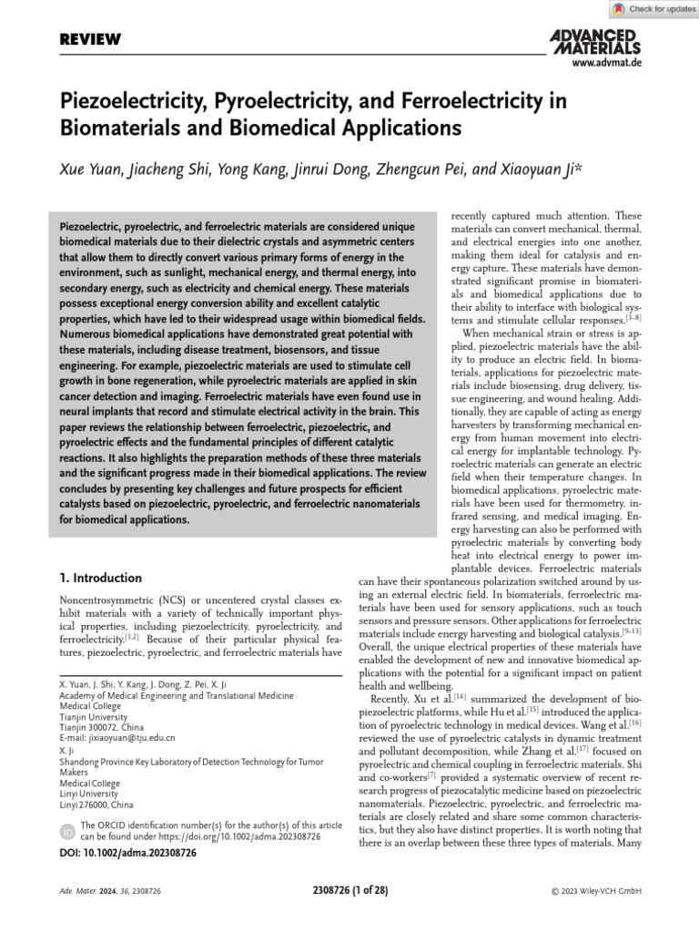 Advanced Materials - 2023 - Yuan - Piezoelectricity Pyroelectricity and Ferroelectricity in ...
