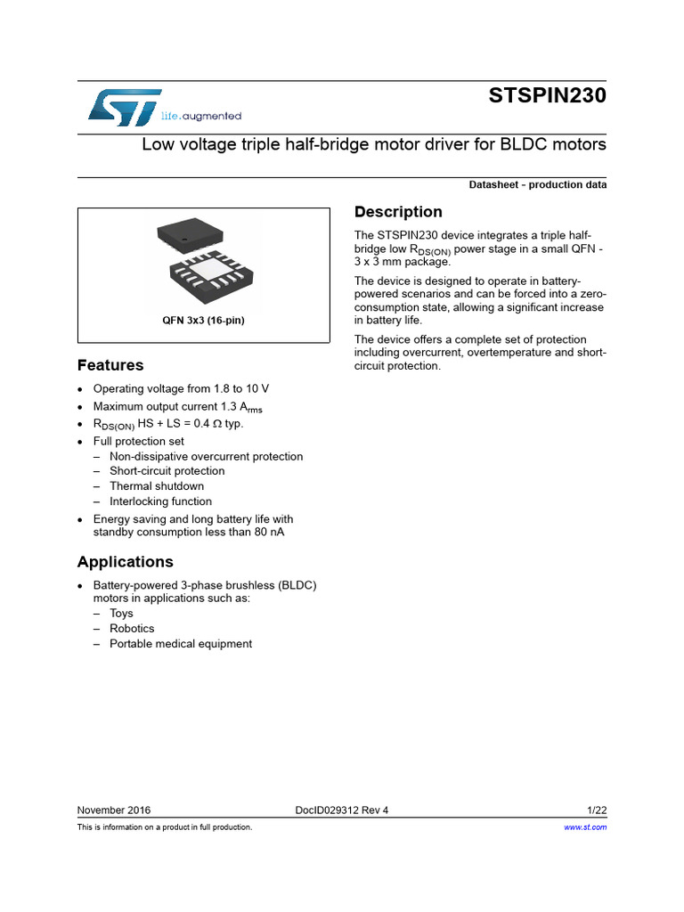 Ds11641 Low Voltage Triple Half Bridge Motor Driver For BLDC Motors Stmicroelectronics en | PDF ...