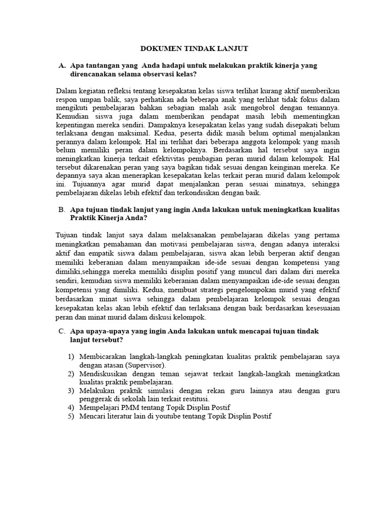 Contoh Dokumen Tindak Lanjut Pembelajaran | PDF