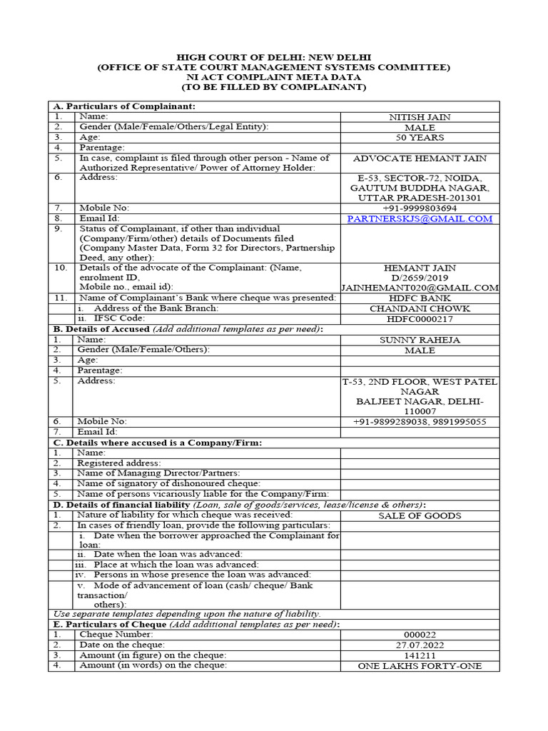 Meta Data Form For Digital Courts NI Act | PDF | Cheque | Banks