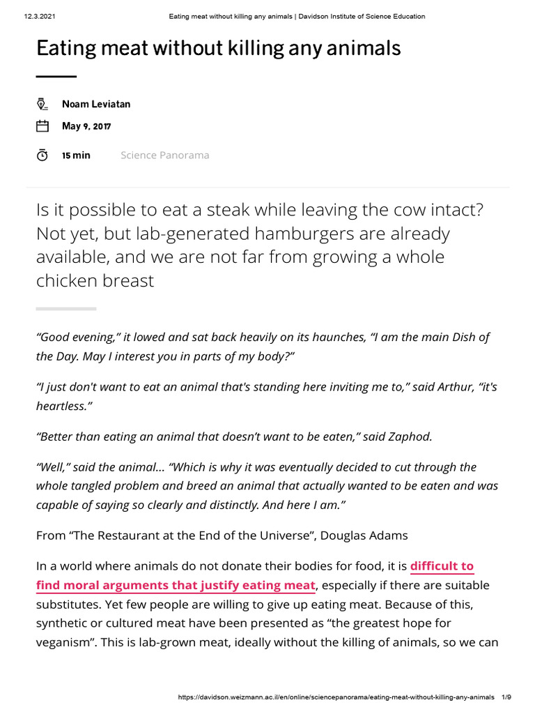 Eating Meat Without Killing Any Animals - Davidson Institute of Science Education | PDF | Meat ...