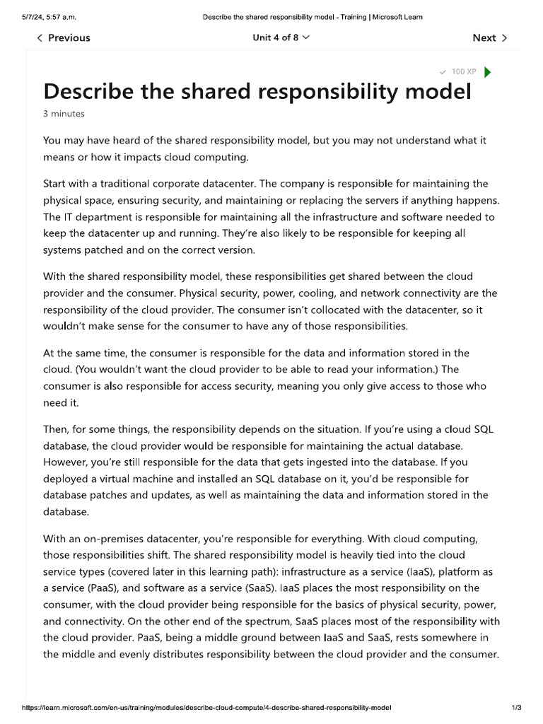 Describe The Shared Responsibility Model - Training - Microsoft Learn | PDF