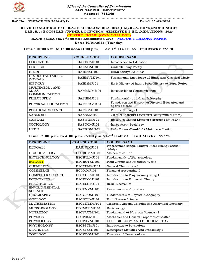 REVISED SCHEDULE OF UG 1st SEM EXAMINATION 2023 240312 215630 | PDF | Science | Geography