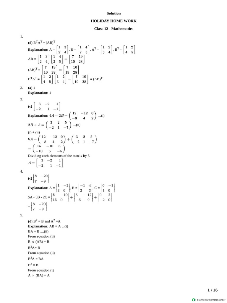 Class - 12th (MATHS) MCQ Ass. Solution | PDF