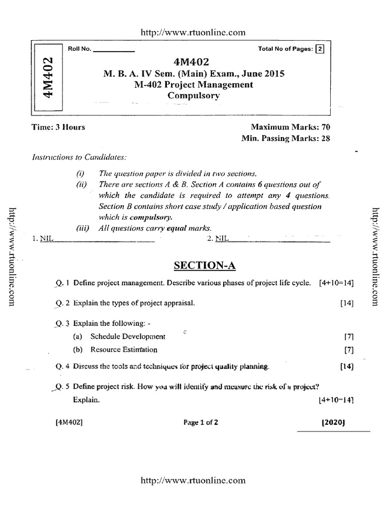 Mba 4 Sem Project Management Jun 2015 | PDF