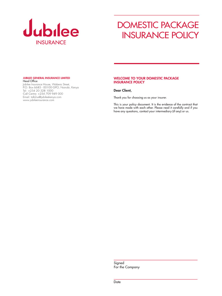 Jubilee - BF 07 DOMESTIC PACKAGE INSURANCE POLICY | PDF | Liability ...
