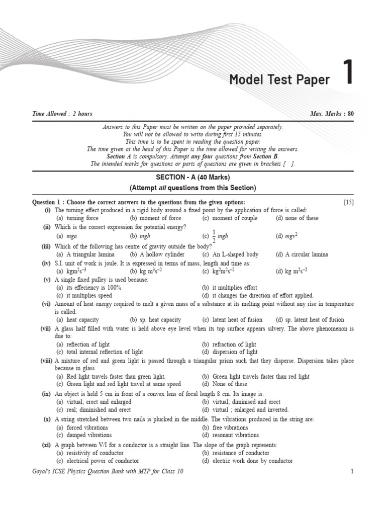 Physics Model Test Paper 2023 | PDF | Force | Light