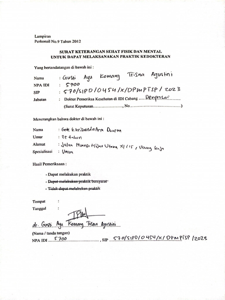 Surat Keterangan Sehat Fisik Dan Mental | PDF