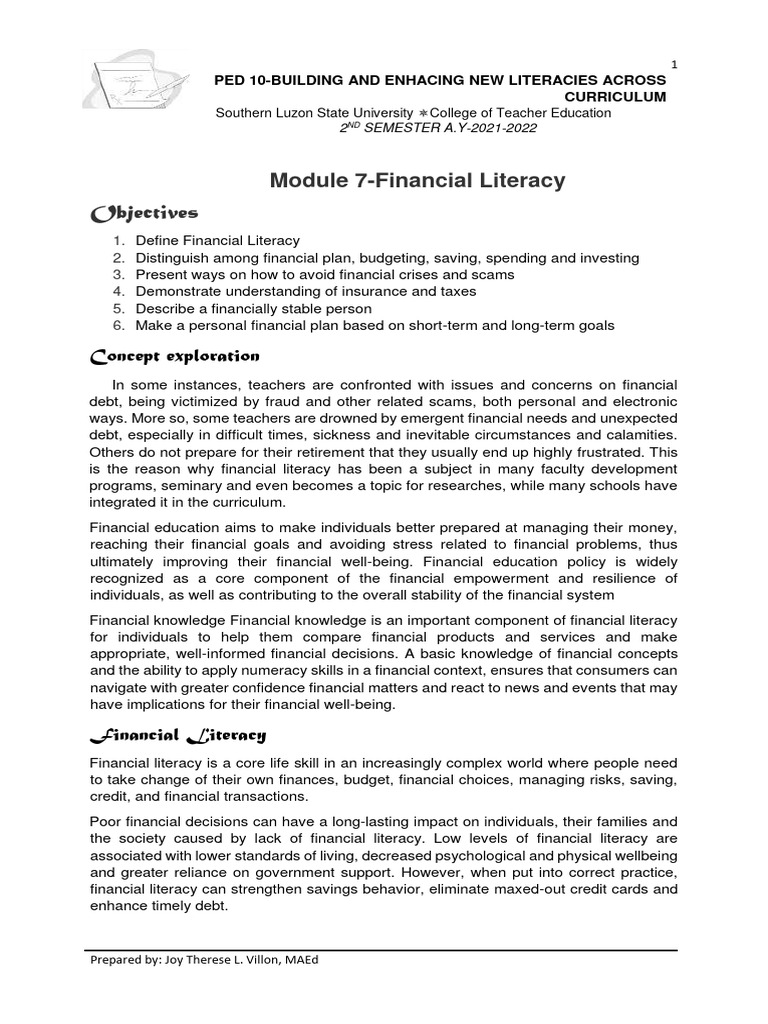 Module 07 Financial Literacy | PDF | Insurance | Financial Literacy